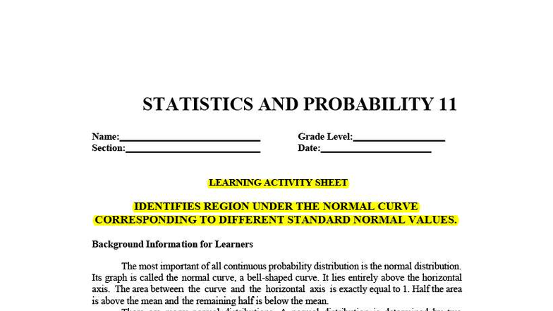 STATISTICS AND PROBABILITY 11: Normal Curve Learning Activity Sheet ...