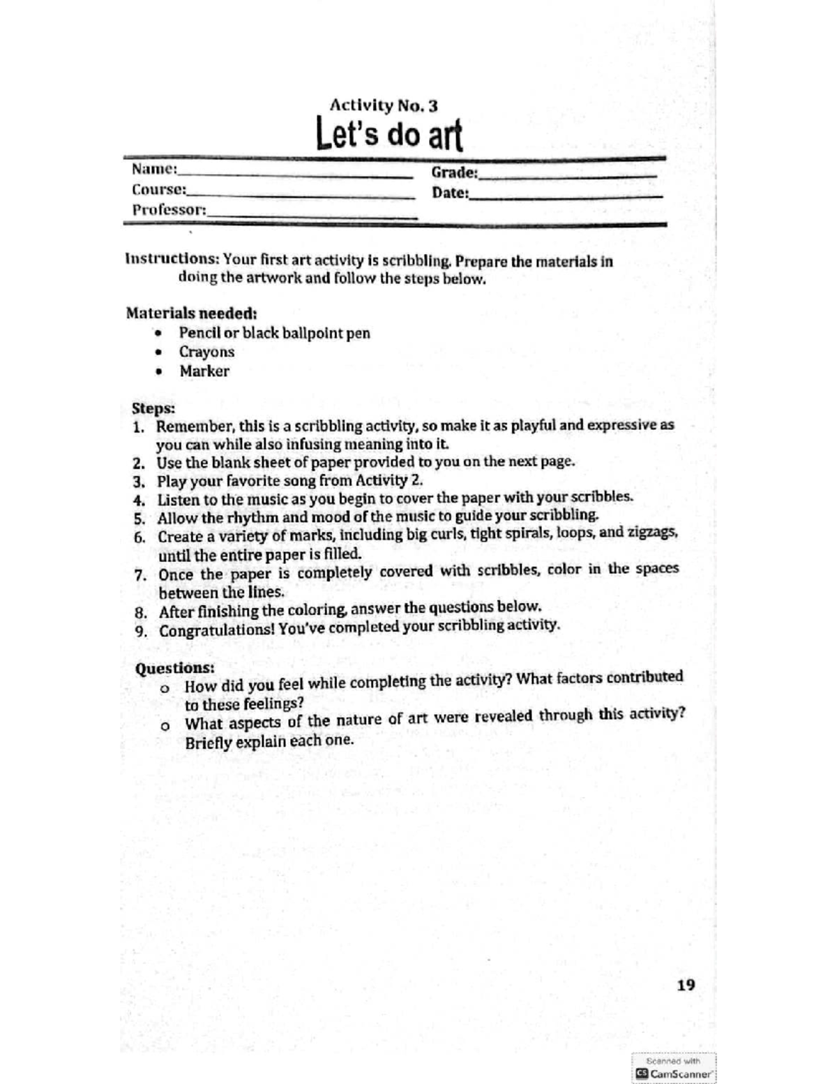 Art Activity No. 3: Expressive Scribbling Exercise - Studocu