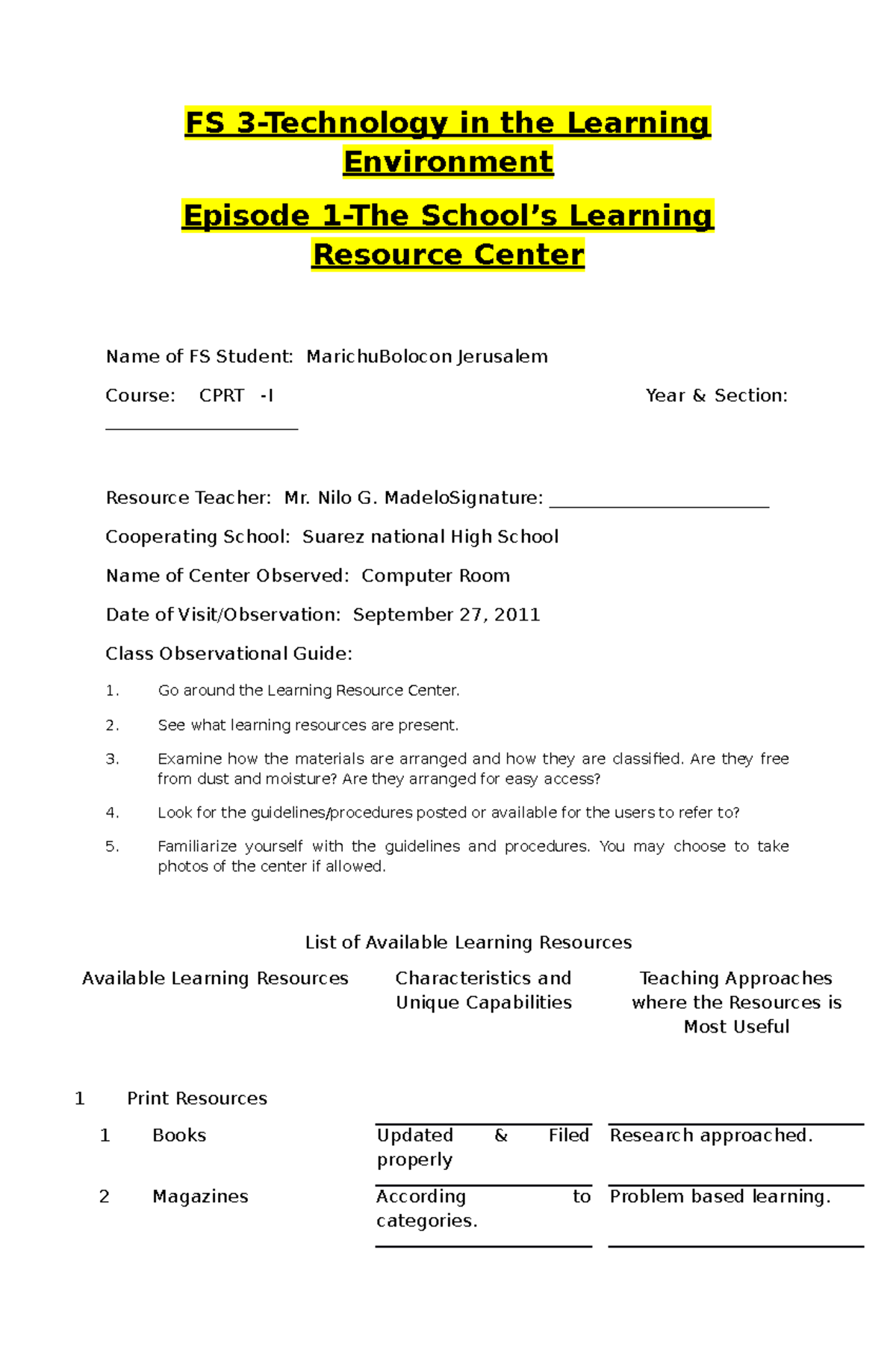 FS-3 Episode Observations: Learning Resource Center & Board Displays ...