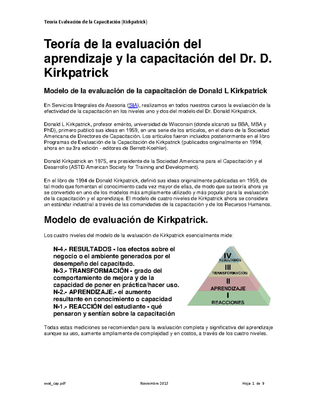 Teoría de Evaluación de la Capacitación según Kirkpatrick (Eval Cap ...