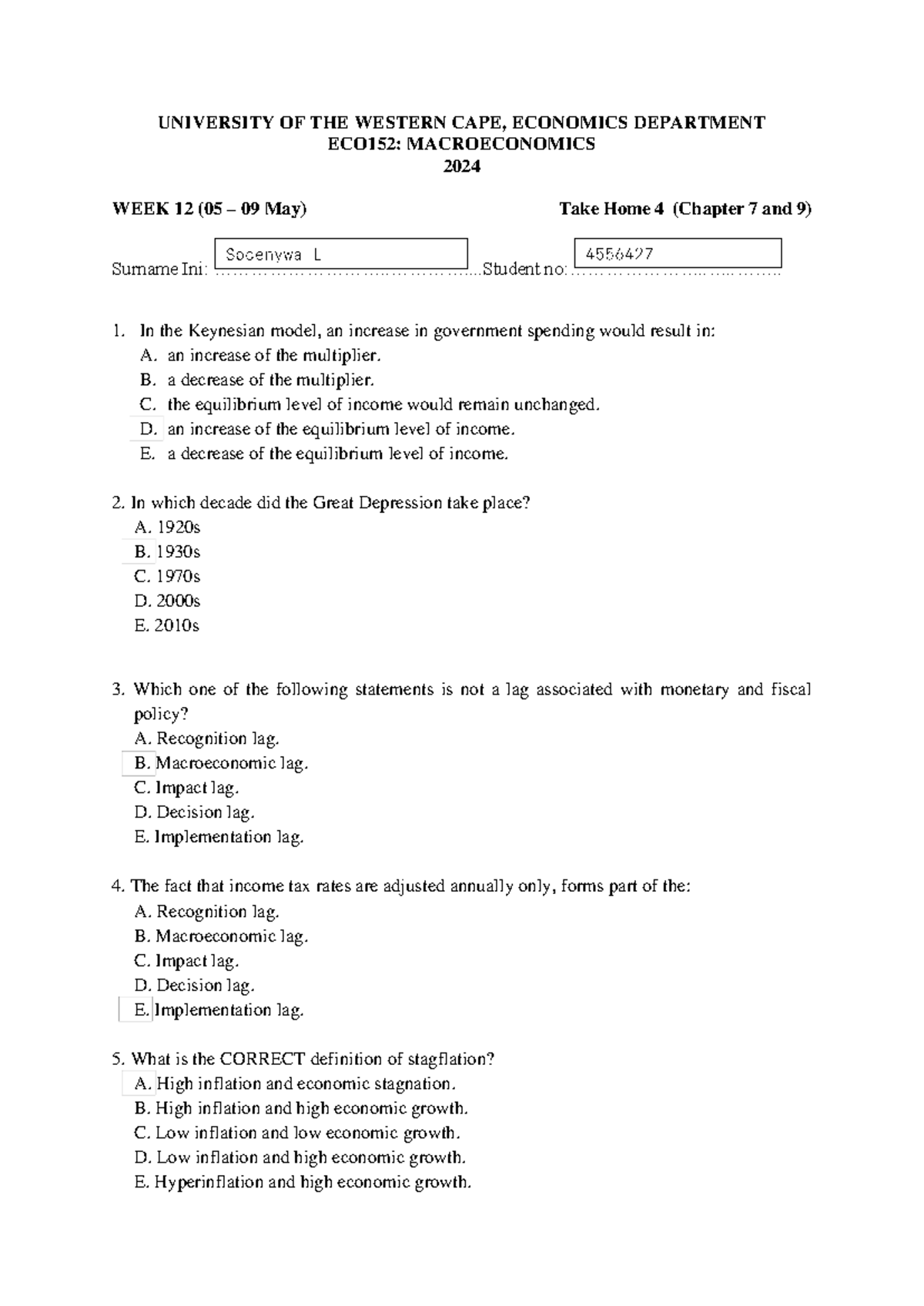 ECO152: Macroeconomics 2024 Week 12 Take Home Tutorial 4 - Studocu