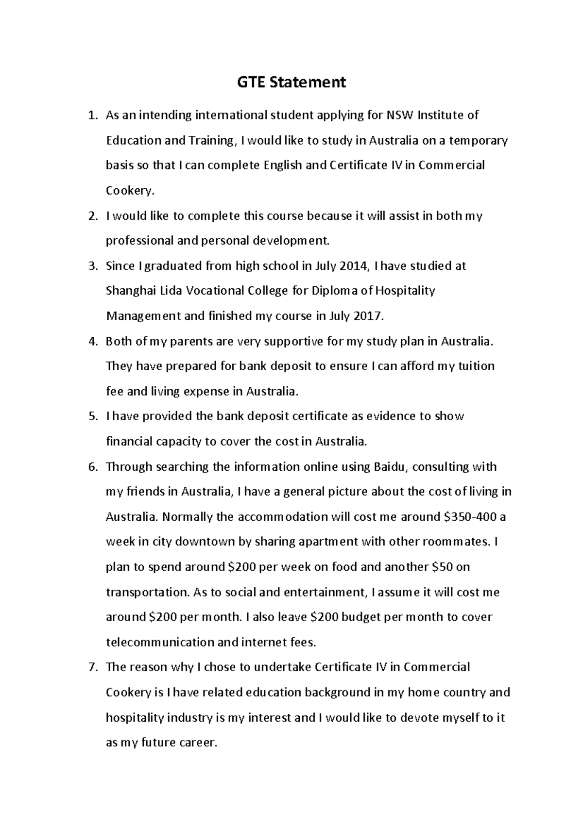 GTE Statement for commercial student - GTE Statement As an intending ...