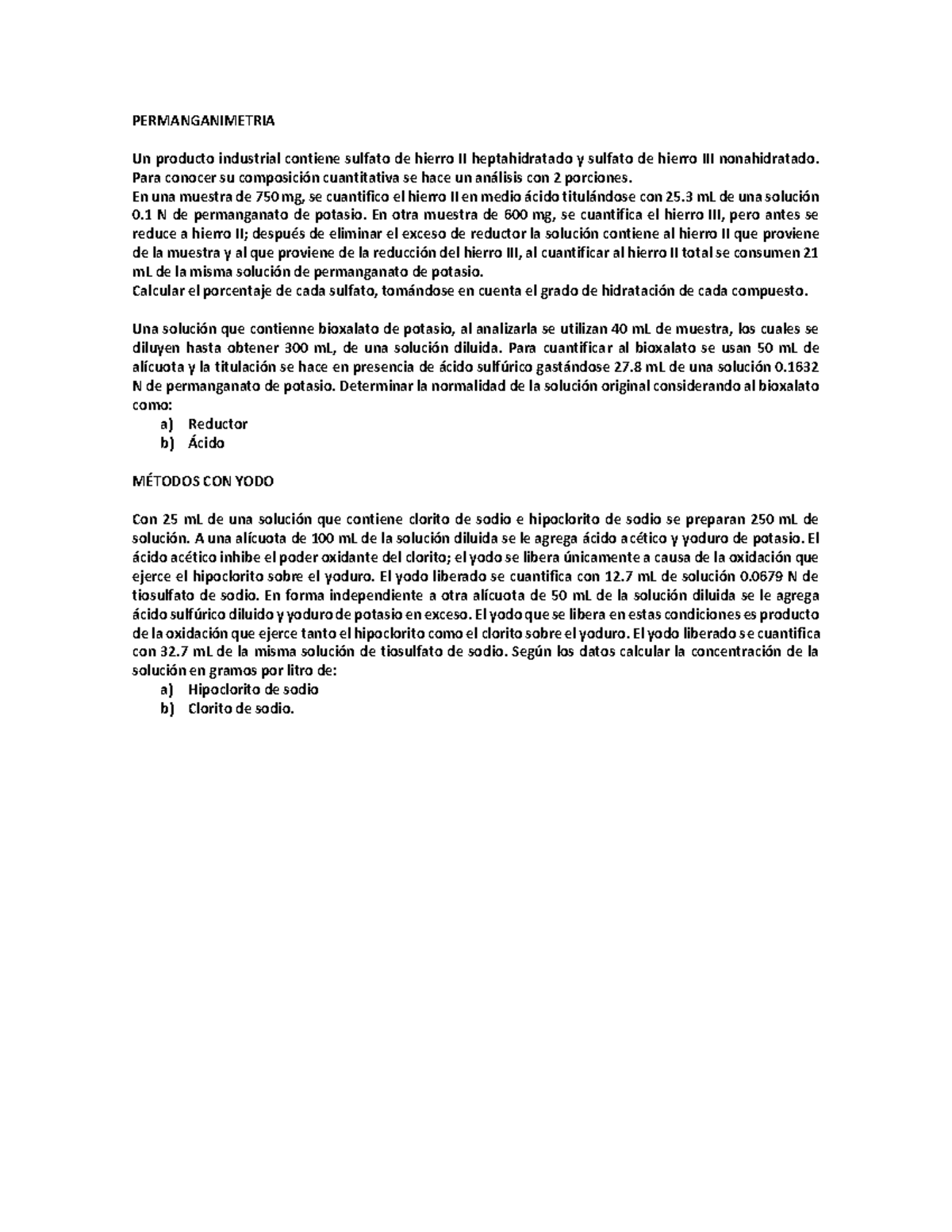 Volumetrías Redox (Ejercicios) - Análisis de Sulfatos y Yoduros - Studocu