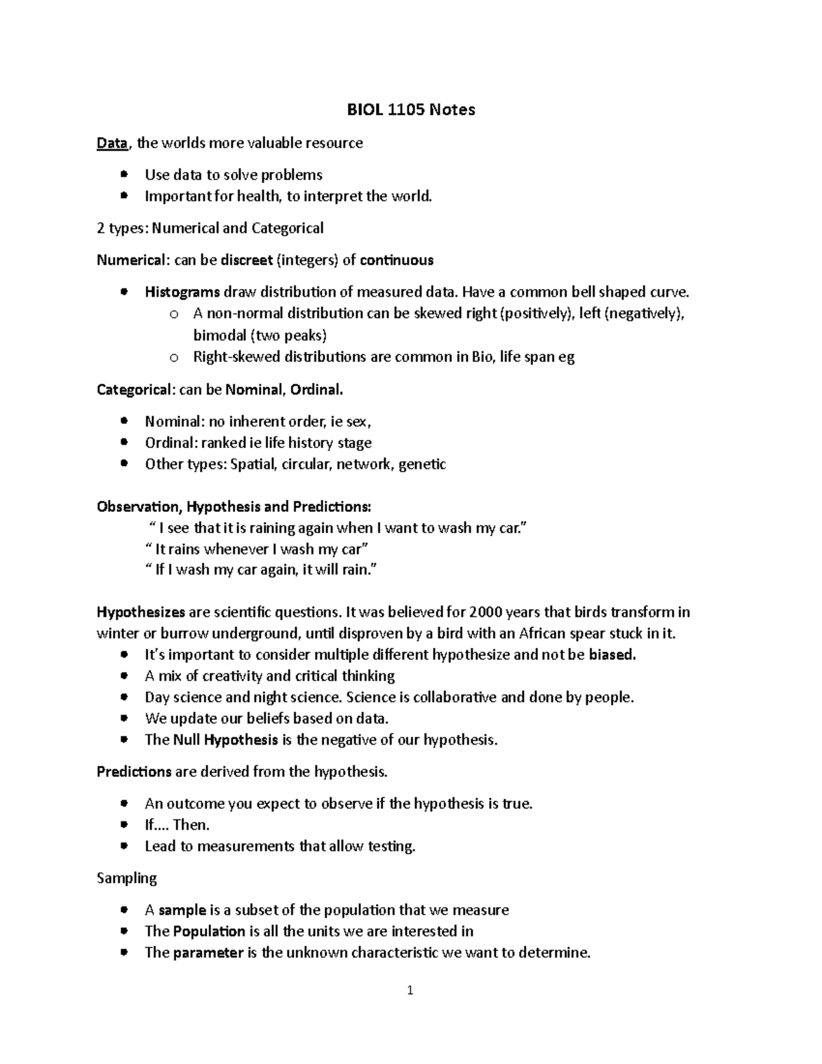 BIOL 1105 Lecture Notes: Understanding Data Types and Statistical ...