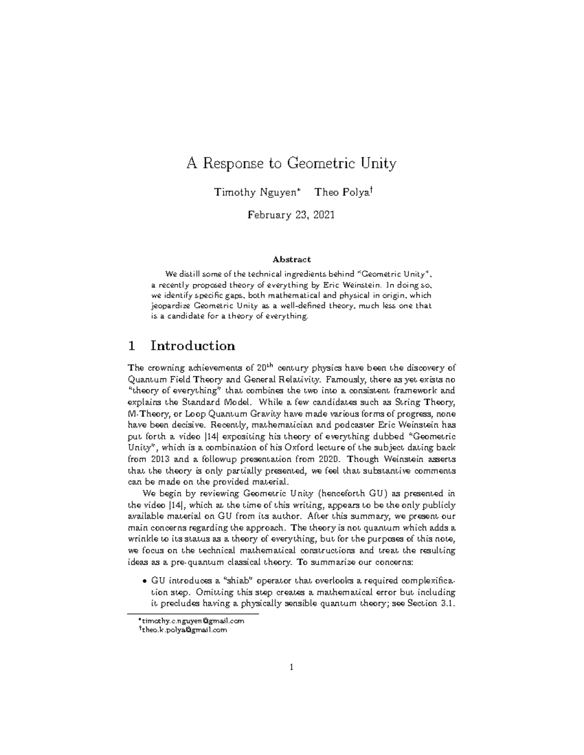 Geometric unity - Lecture notes 1-5 - A Response to Geometric Unity ...