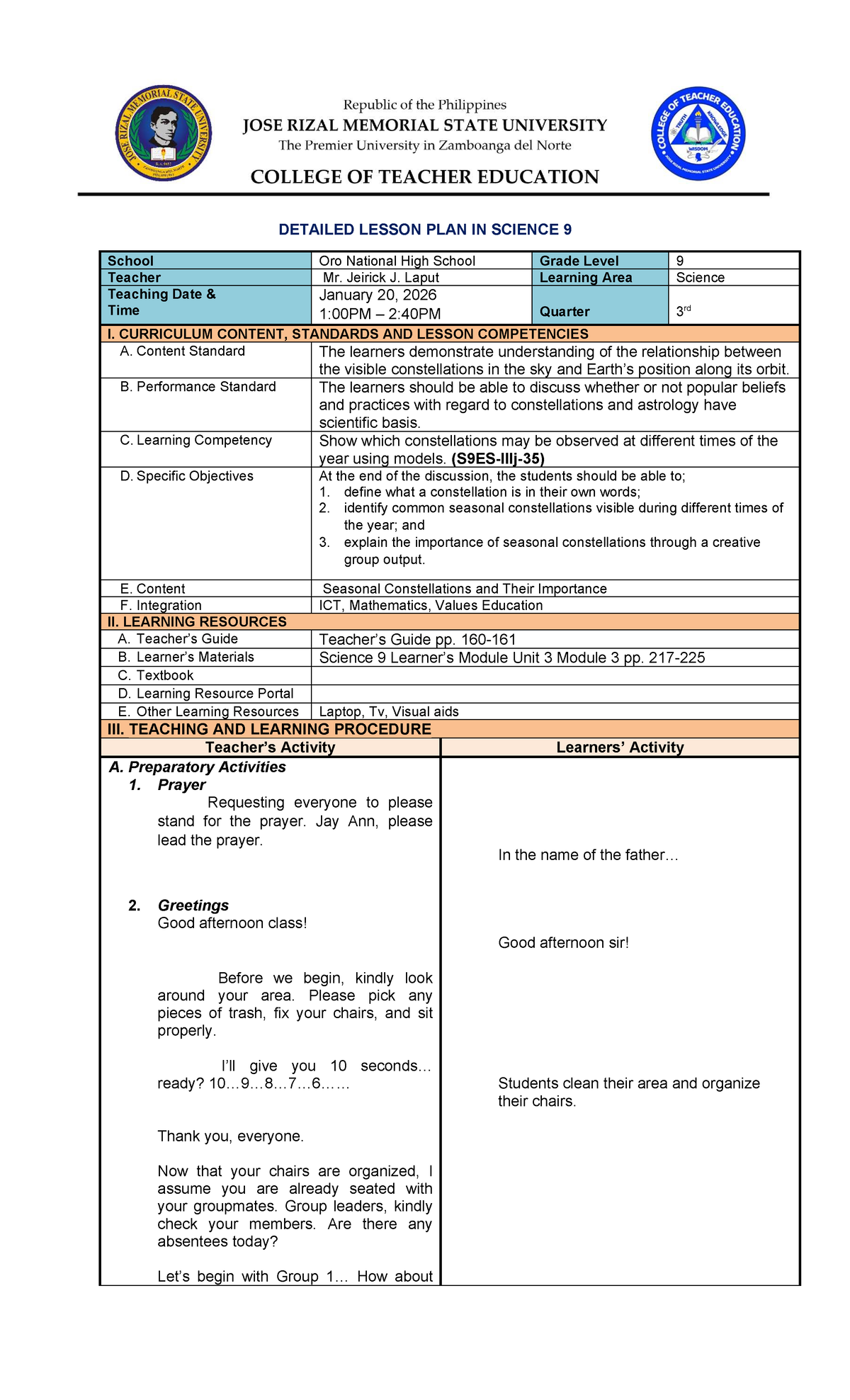 Detailed Lesson Plan: Seasonal Constellations in Science 9 - Studocu