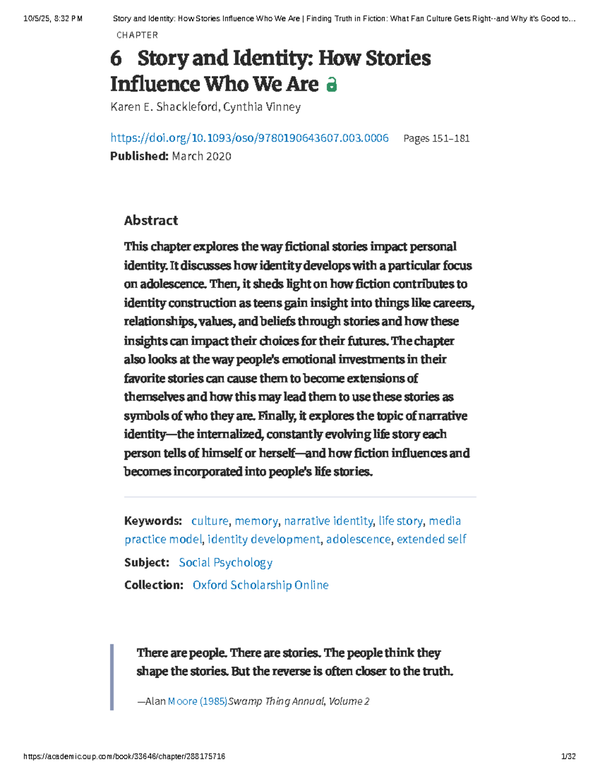 Story and Identity: Exploring Narrative Influence on Self (CH 6) - Studocu