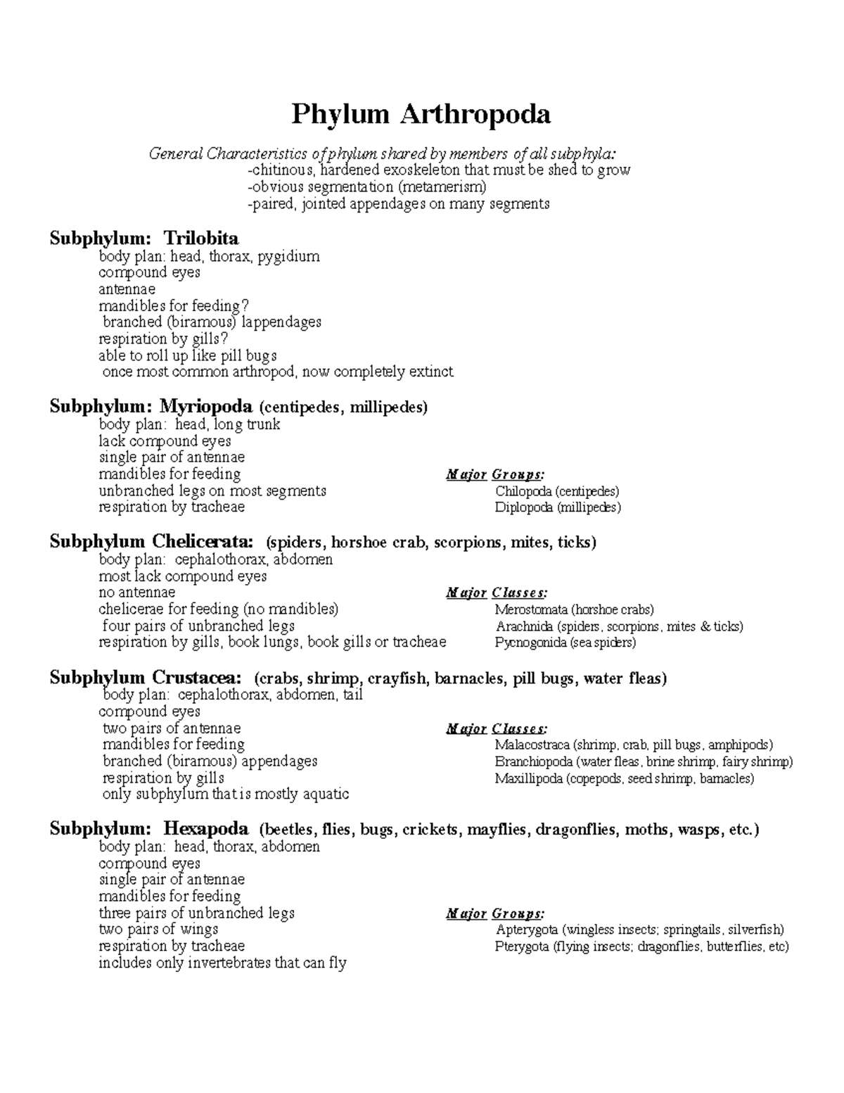 Arthropod Subphyla - General Zoology Lecture Notes and Handout - Phylum ...