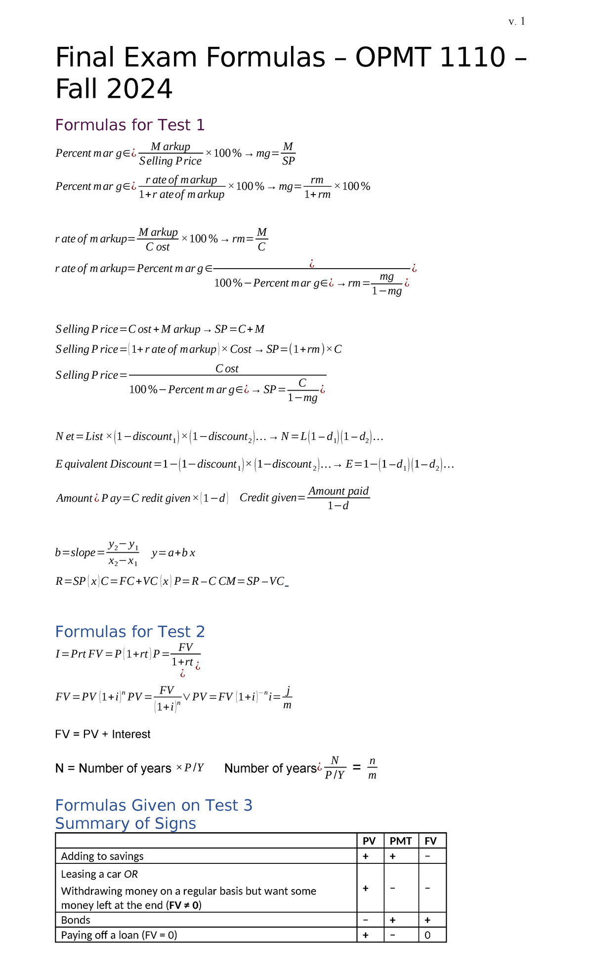 Final Exam Formulas OPMT-ITMG-Fall2024 - v. 1 Final Exam Formulas ...