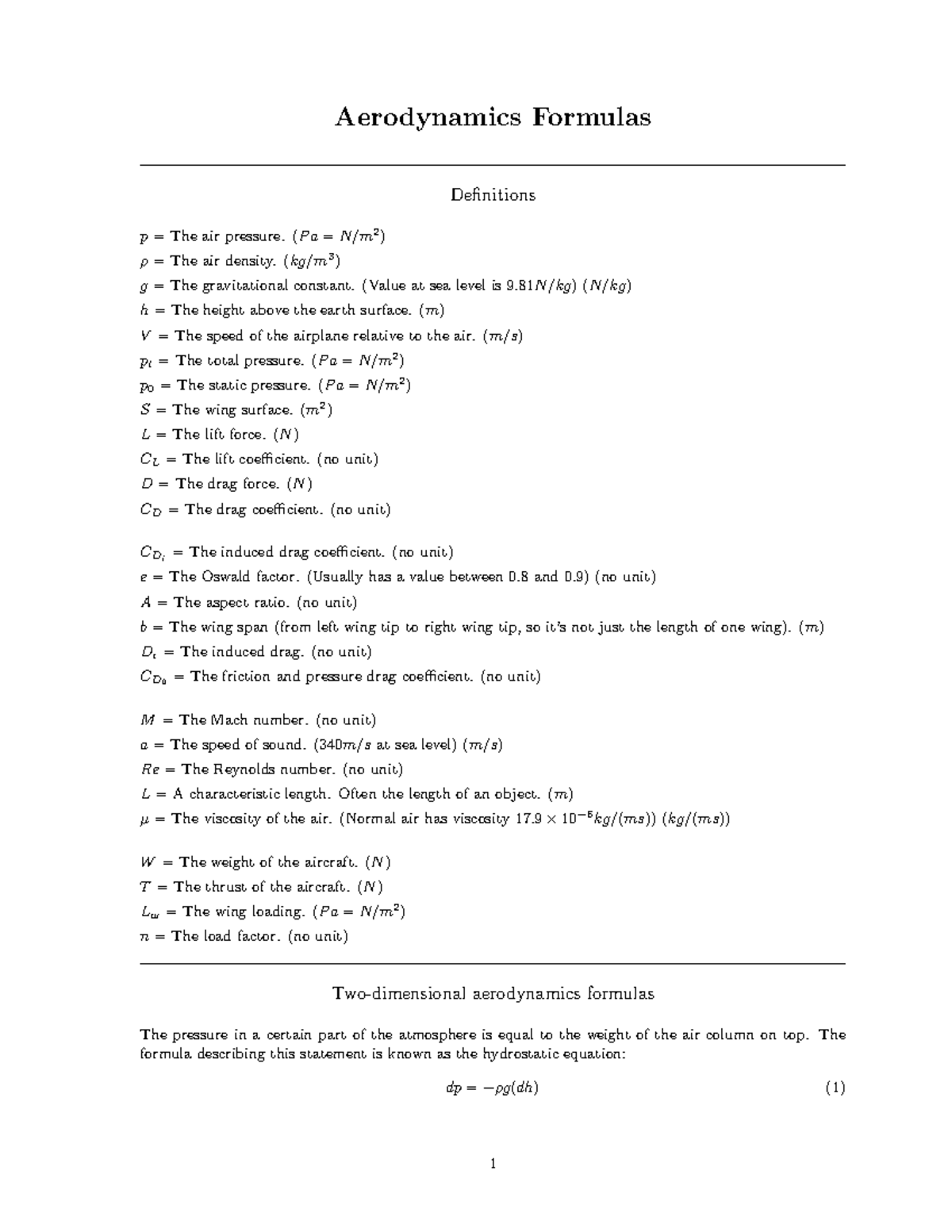 Aerodynamics Equations & Formulas Overview (Course Code: AERO101) - Studocu