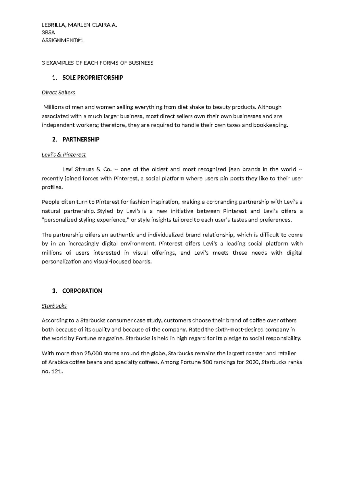 Acted 263: Business Forms Examples - Sole Proprietorship, Partnership, - Studocu
