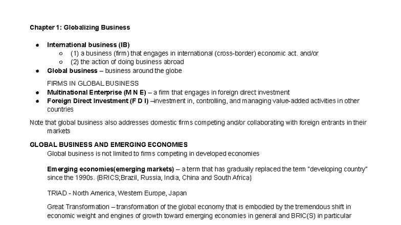 Chapter 1: Globalizing Business in International Business (IB) - Studocu