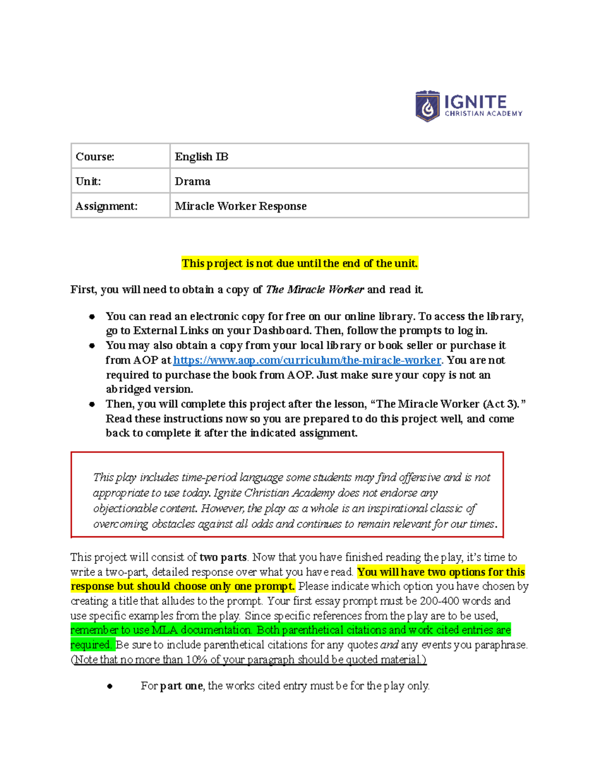 Miracle Worker Response Assignment - English IB (L908) - Studocu