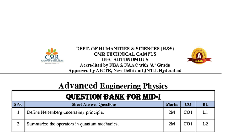 AEP 2025 Midterm Question Bank: Advanced Engineering Physics - Studocu
