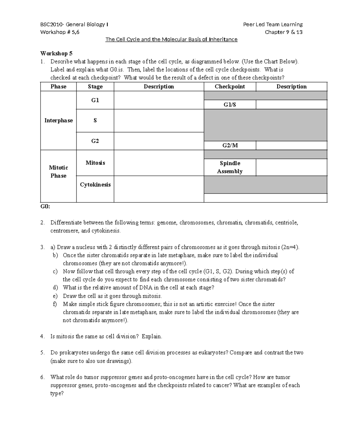 GBO General Biology I Workshop 5 & 6: The Cell Cycle & Inheritance ...