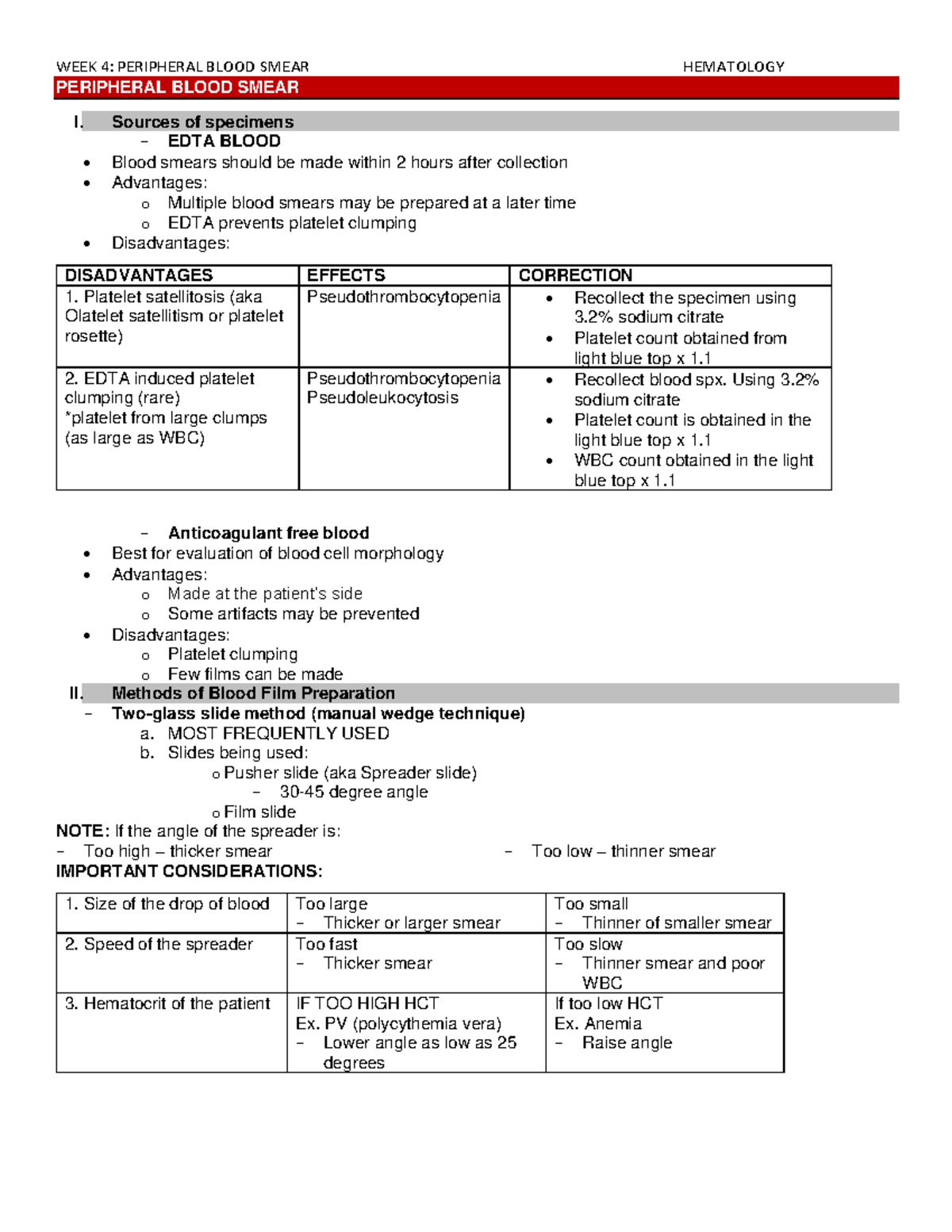 Peripheral Blood Smear Techniques and Evaluation Notes for Study - Studocu
