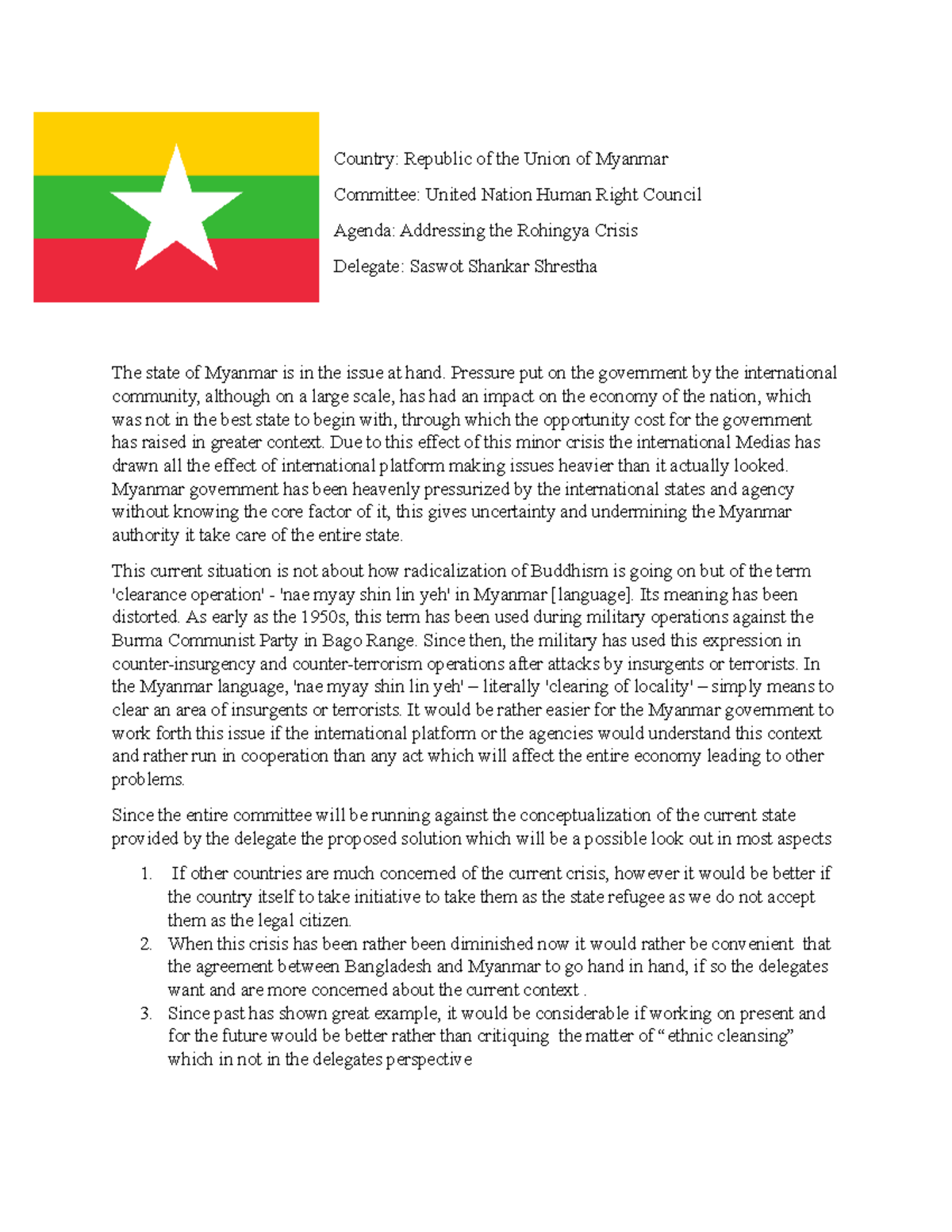 Position paper - Grade: A - Country: Republic of the Union of Myanmar ...