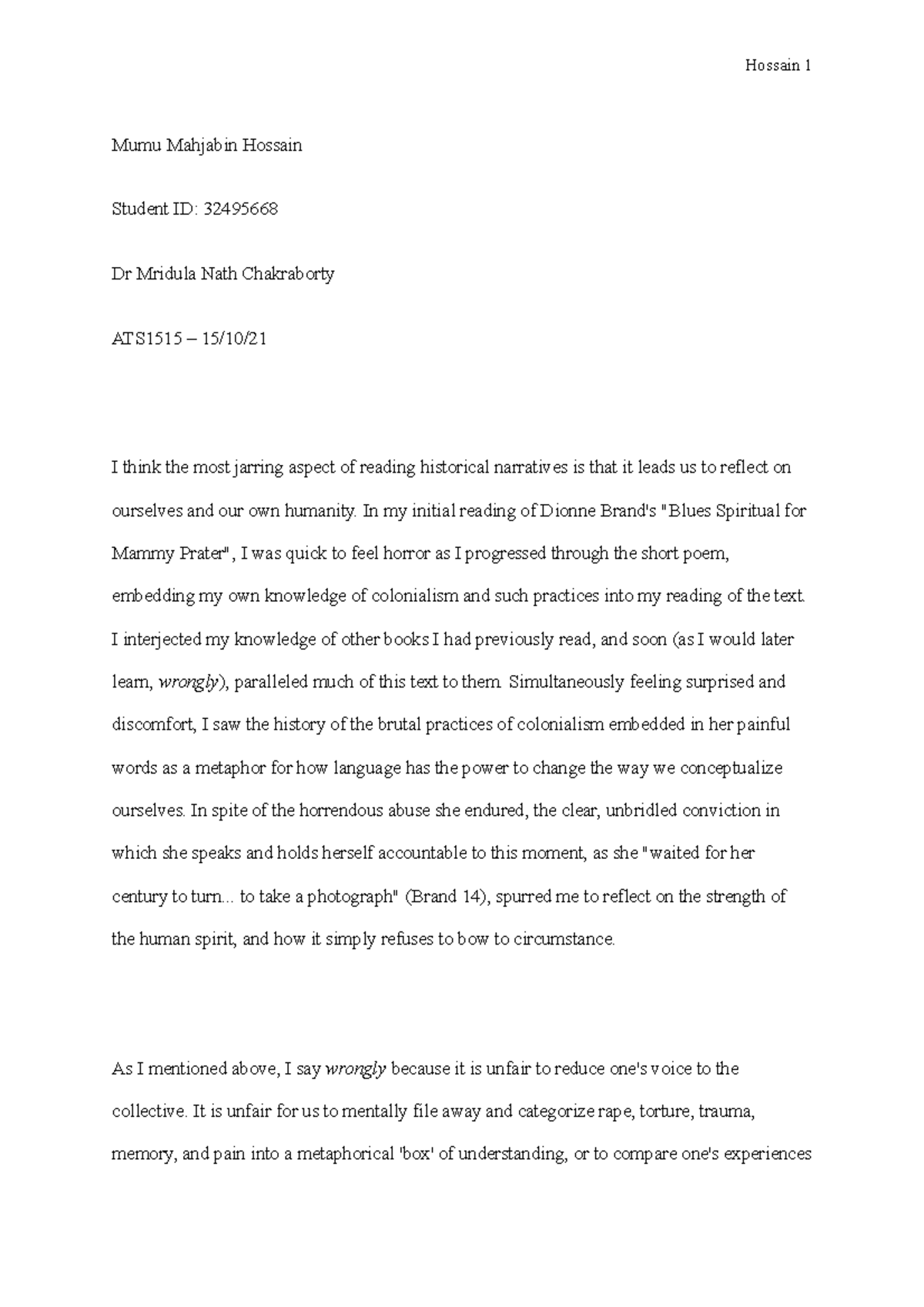 Dionne Brand's "Blues Spiritual for Mammy Prater" Reading Reflection - Mumu Mahjabin Hossain ...