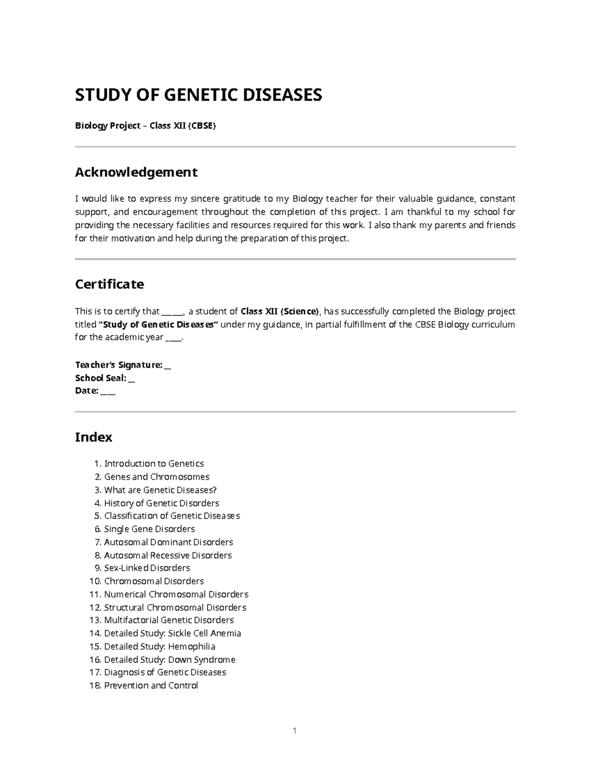 Study of Genetic Diseases - Class XII Biology Project (CBSE) - Studocu