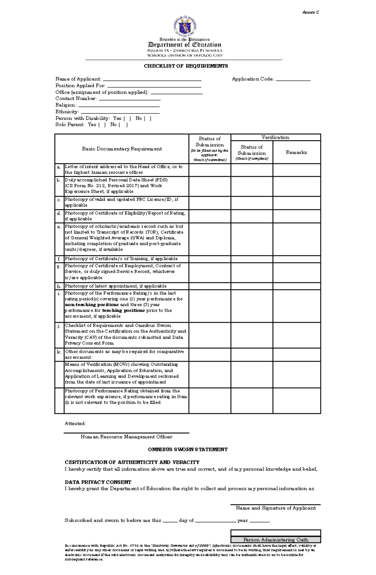 Attachment Checklist of Requirements edited 2024 - Annex C Name of ...