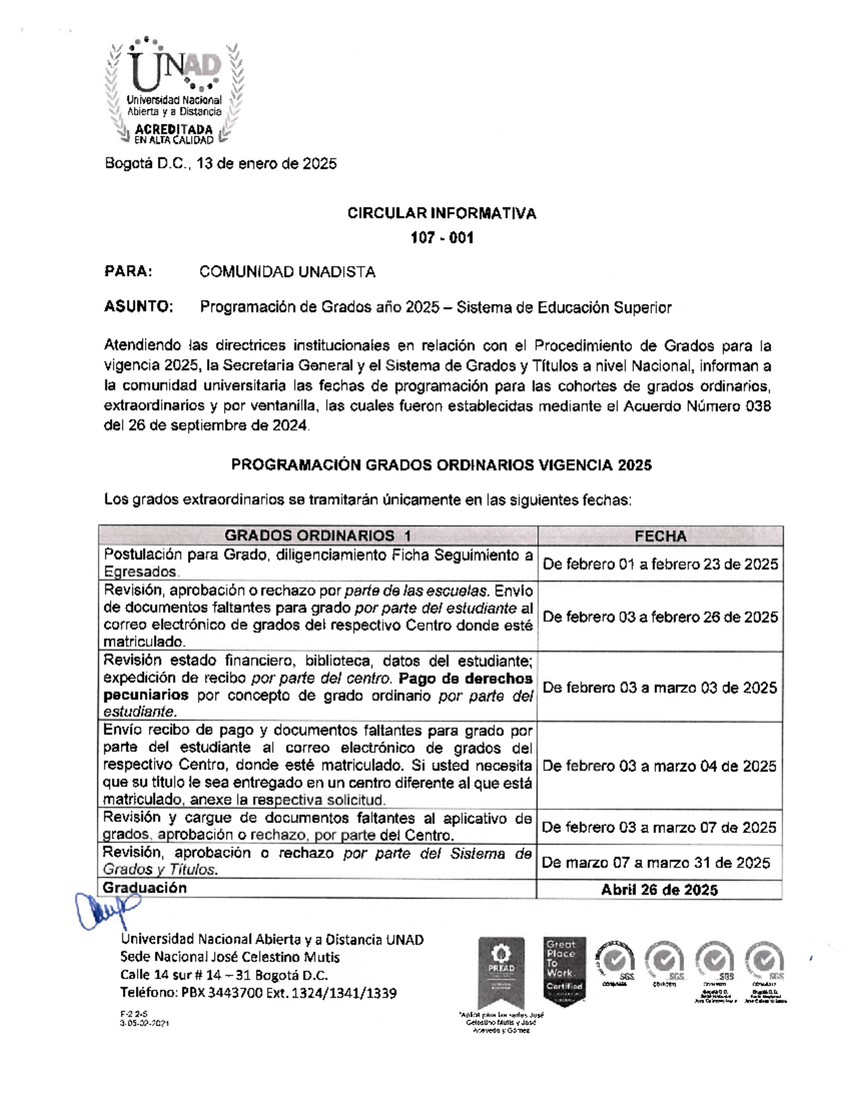 Programación de Grados Ordinarios y Ventanilla 2025 - Circular 107-001 - Studocu