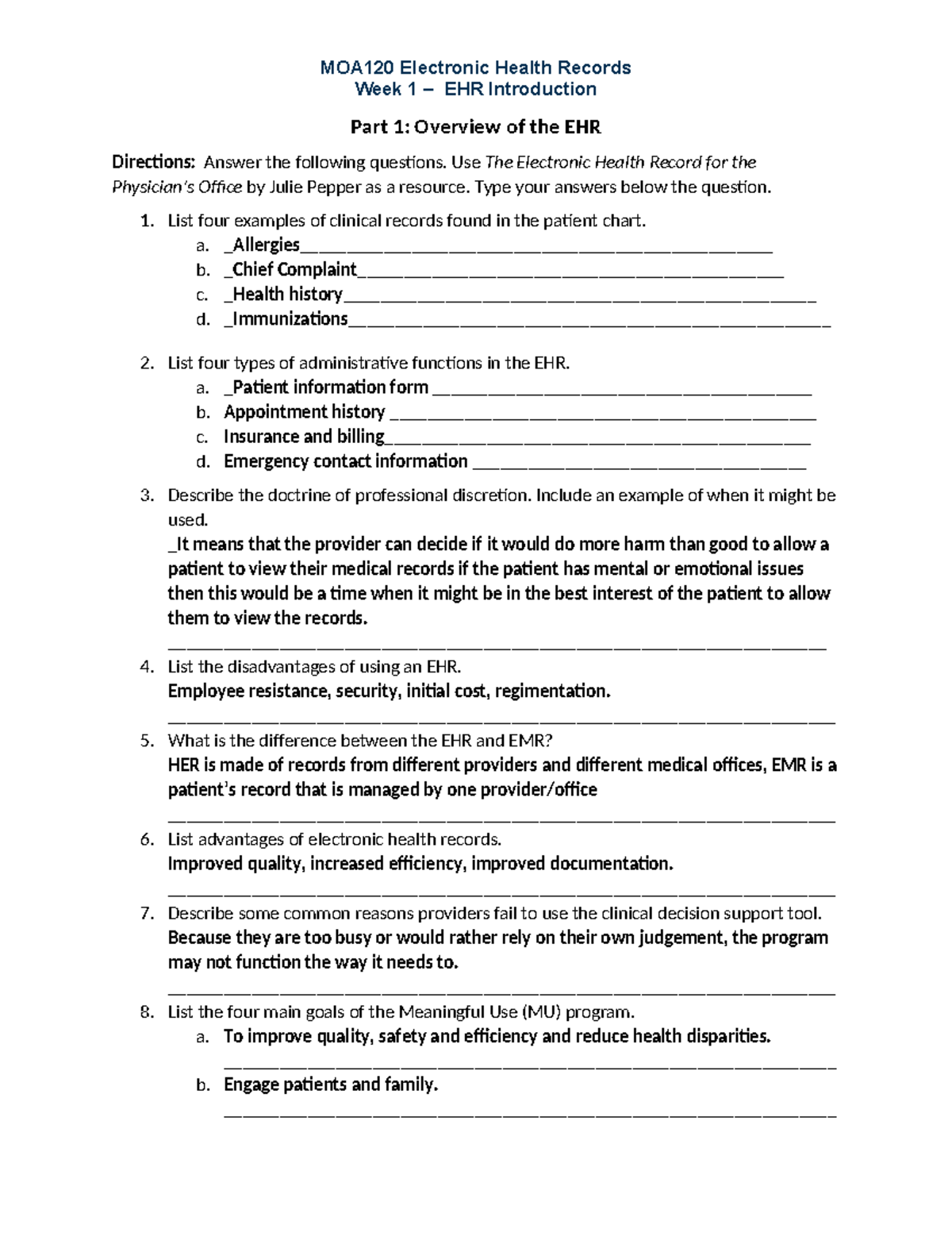 MOA120 WK1 Assignment: Introduction to Electronic Health Records - Studocu