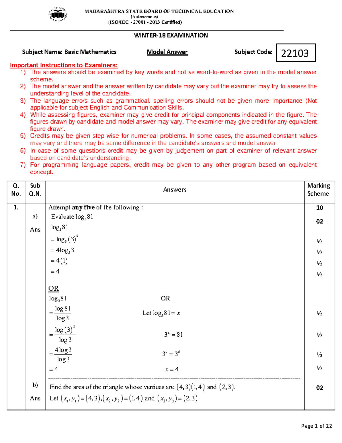 22103 Basic Mathematics Model Answers - Winter 2018 Exam - Studocu