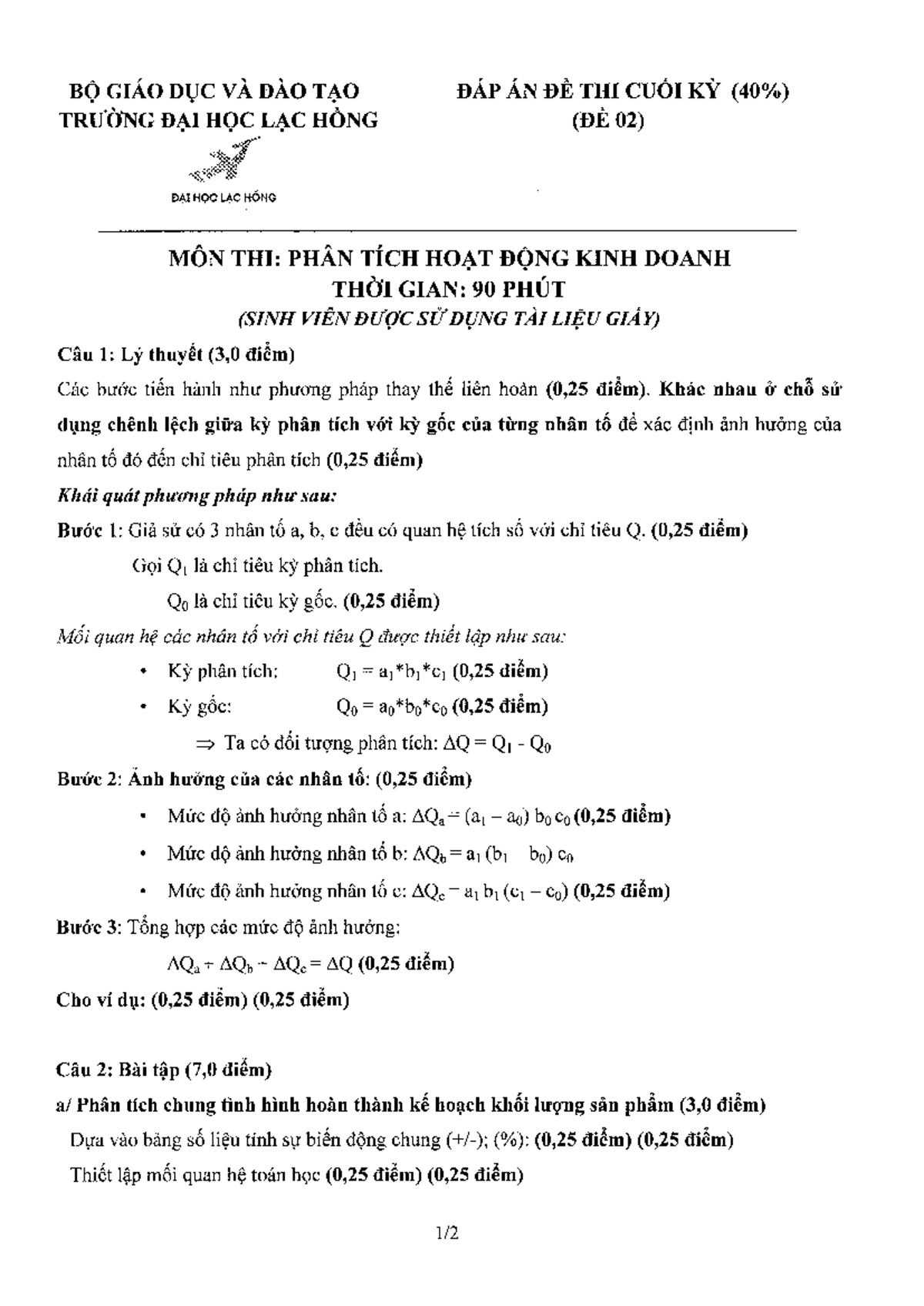 ĐỀ THI CUỐI KỲ MÔN PHÂN TÍCH HOẠT ĐỘNG KINH DOANH - ĐH LẠC HỒNG - Studocu