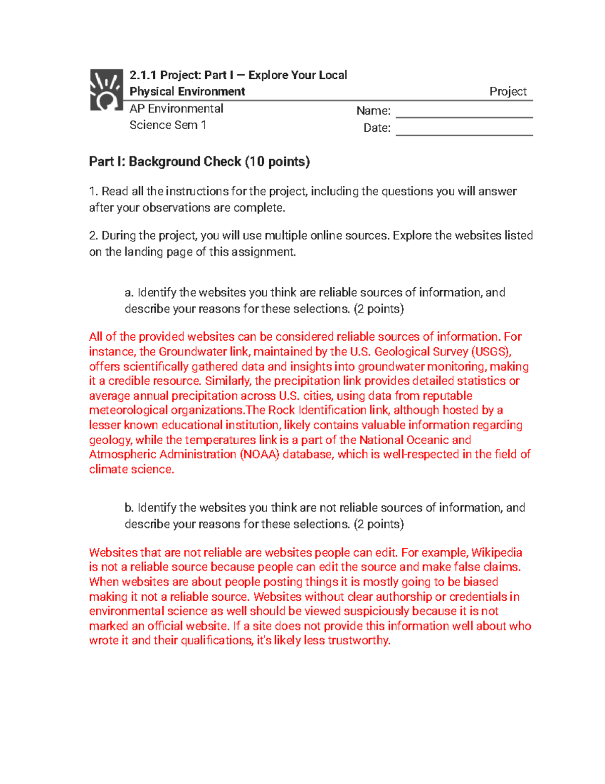 2.1.1 AP Environmental Science Project: Exploring Local Physical ...