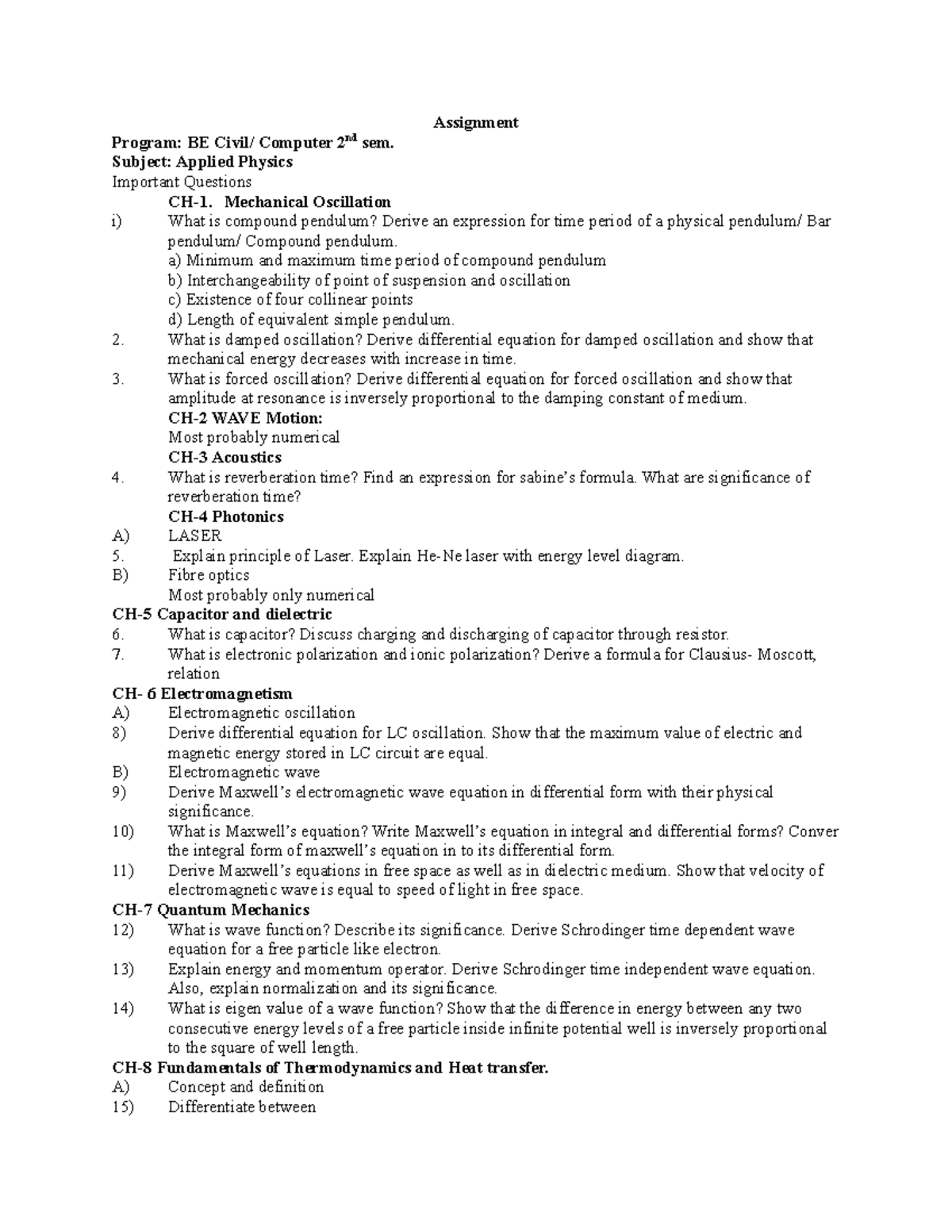 Applied Physics Important Questions: BE Computer 2nd Sem Assignment ...