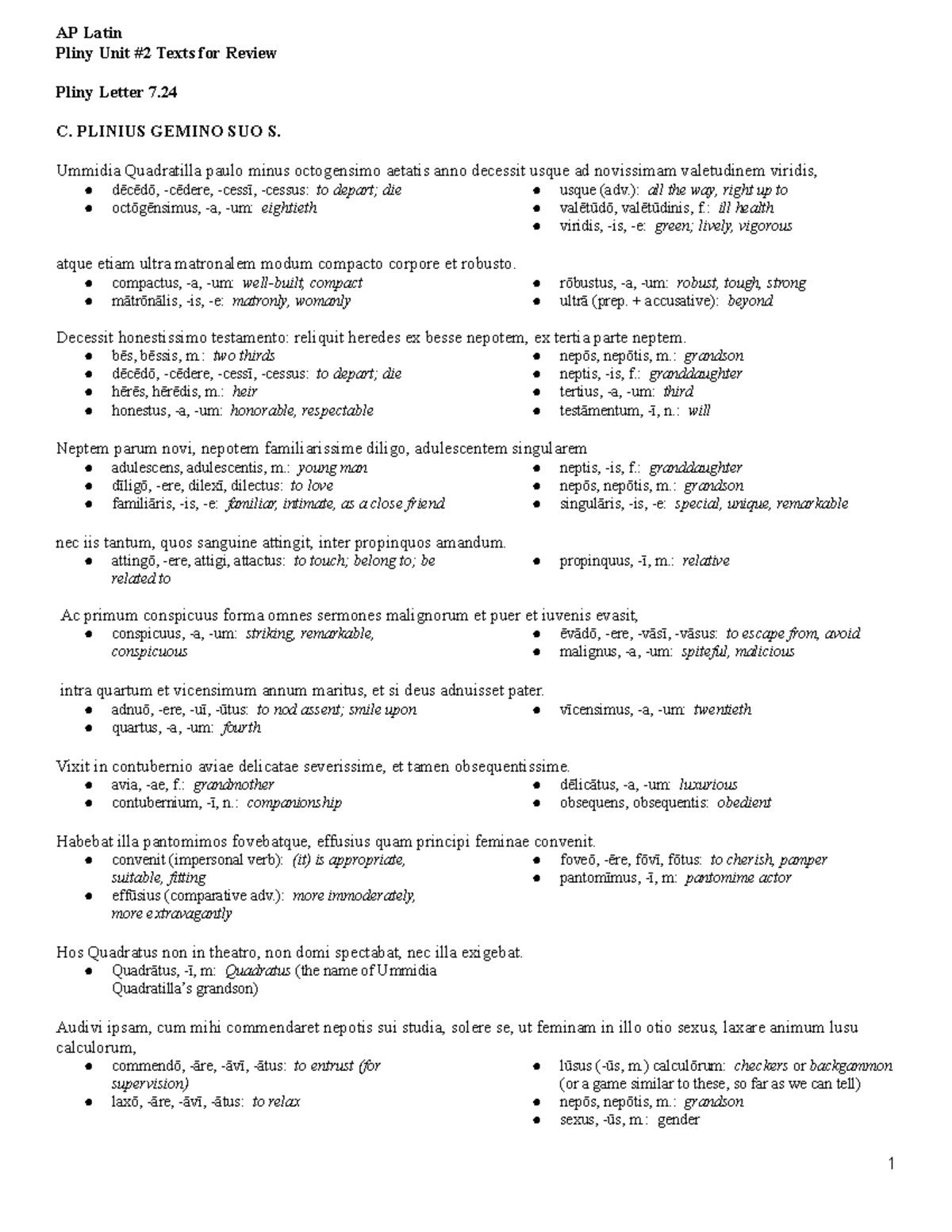 AP Latin: Pliny Unit 2 Letters with Vocabulary Assistance - Studocu
