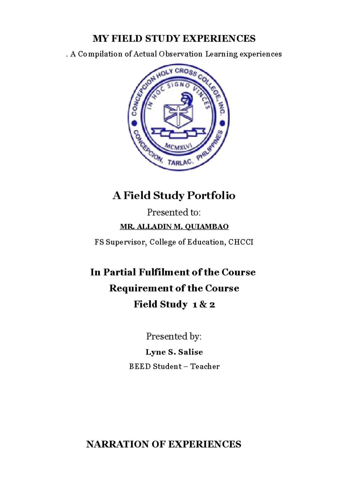 Field Study 1 & 2 Portfolio: My Experiences in Education - Studocu