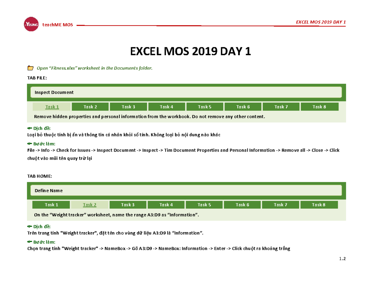 EXCEL MOS 2019 DAY 1: Workbook Inspection and Formatting Tasks - Studocu
