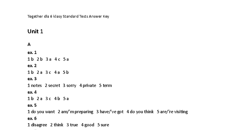 Together kl6 Standard Tests Answer Key: Units 1-8 - Studocu