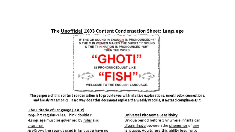 1X03 Language Content Condensation Sheet for Weekly Quiz - Studocu