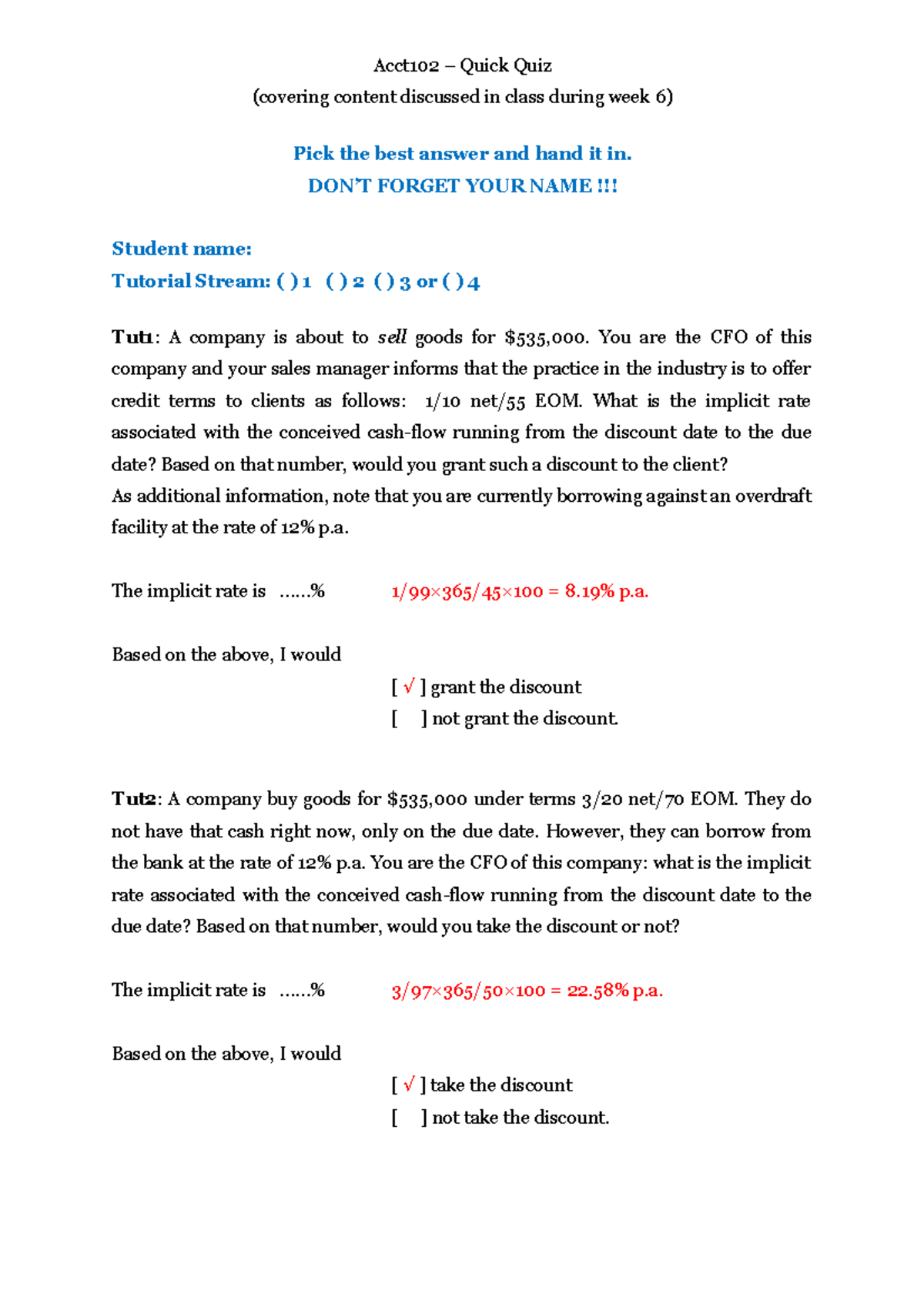 Acct102 - Week 7 Quick Quiz on Implicit Rates and Discounts - Studocu