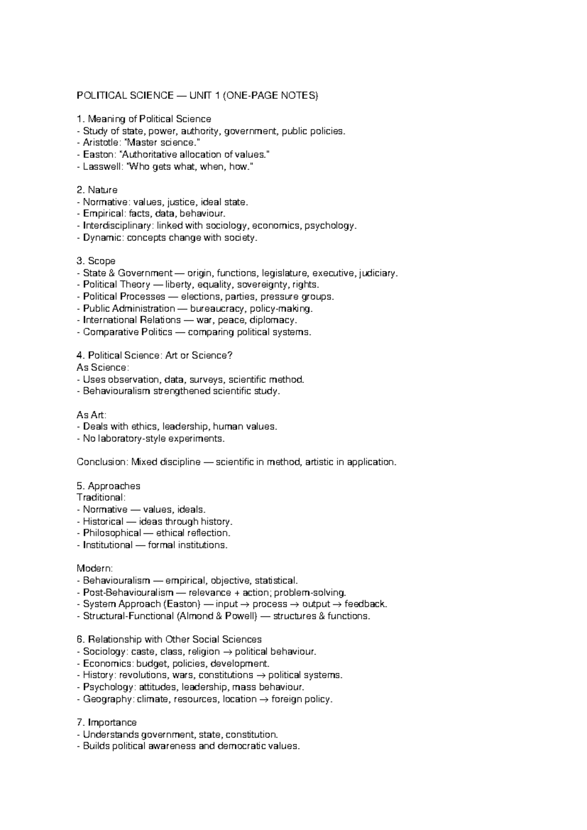 POLITICAL SCIENCE UNIT 1: MEANING, NATURE, AND SCOPE NOTES - Studocu