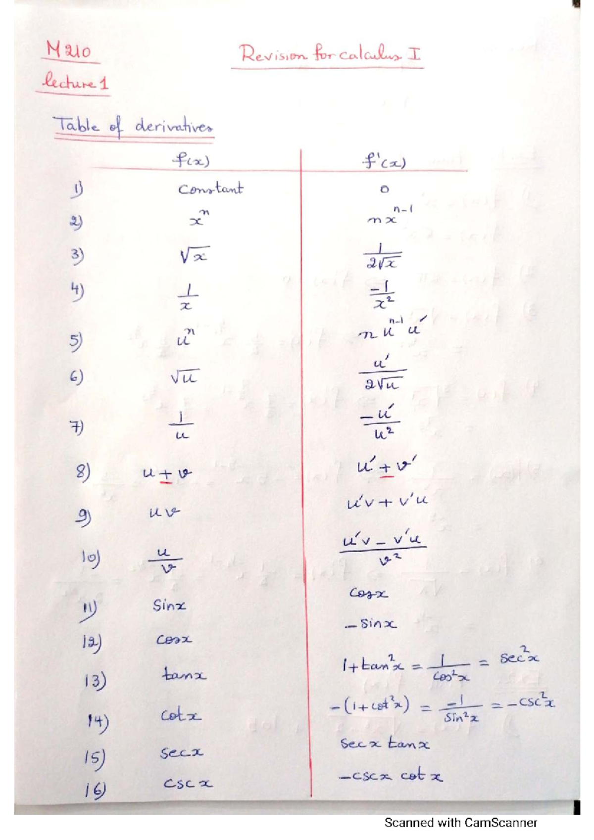 M210 Calculus I Lecture 1: Table of Derivatives and Integrals - Studocu