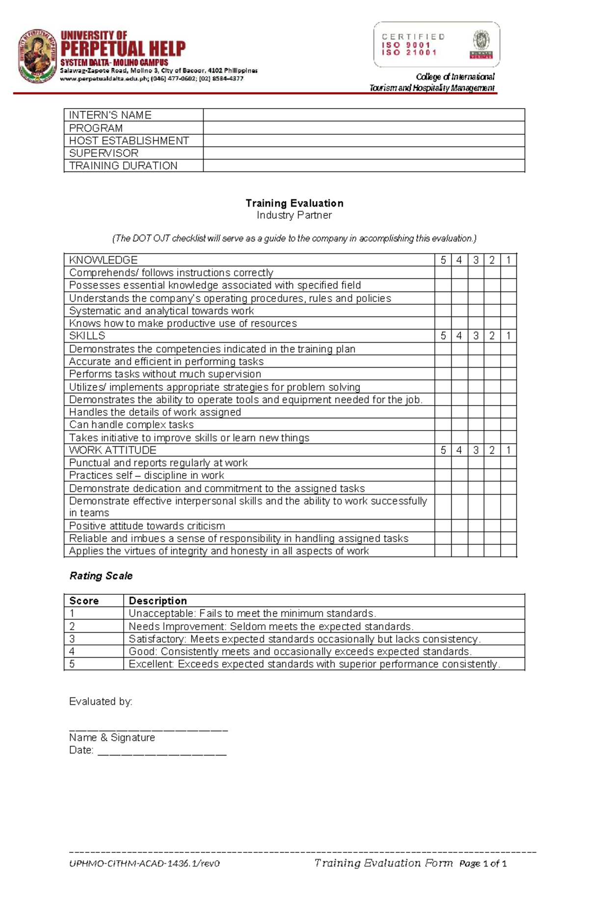 Training Evaluation Form (Practicum) - College of Int'l Tourism ...