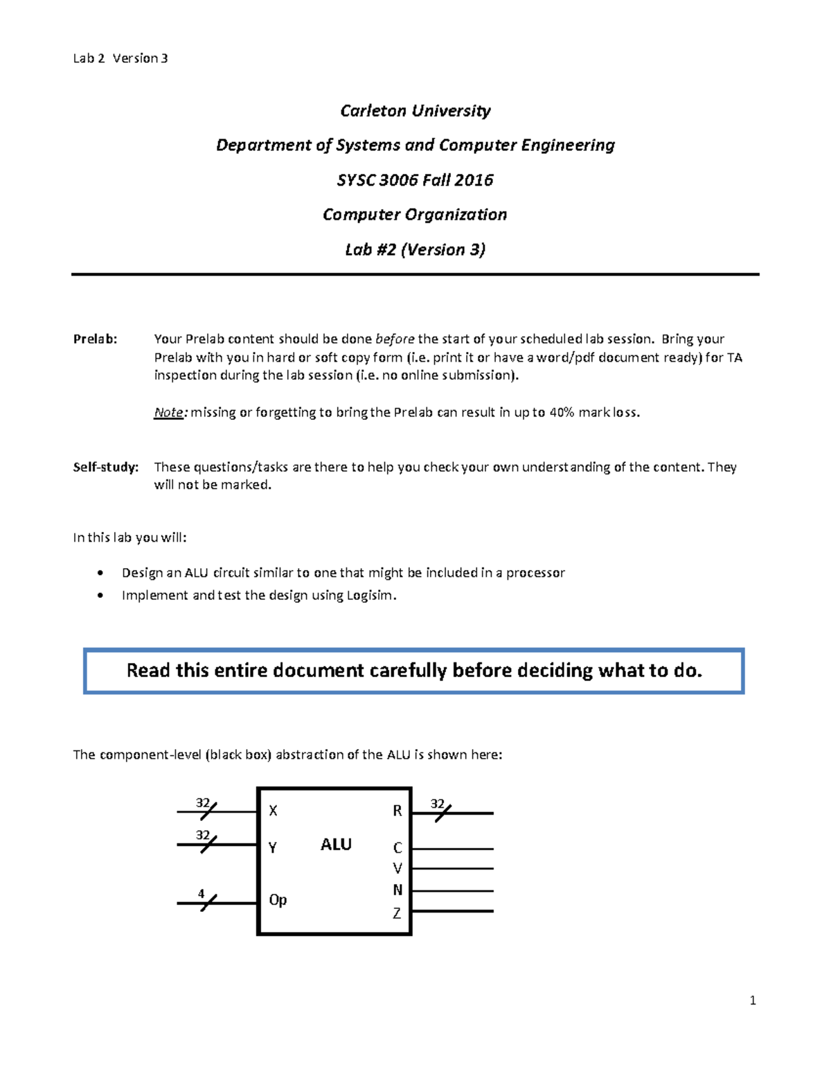 Lab 2 Prelab: ALU Design and Implementation for SYSC 3006 F16 - Studocu