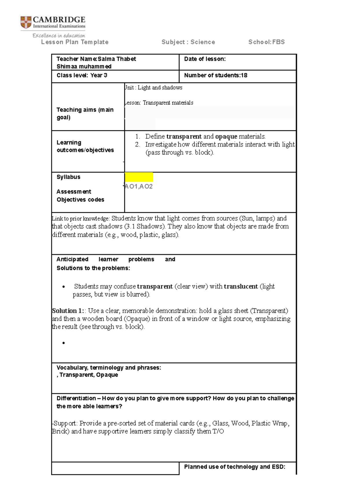 Science Lesson Plan Template: Year 3 - Light & Shadows - Studocu