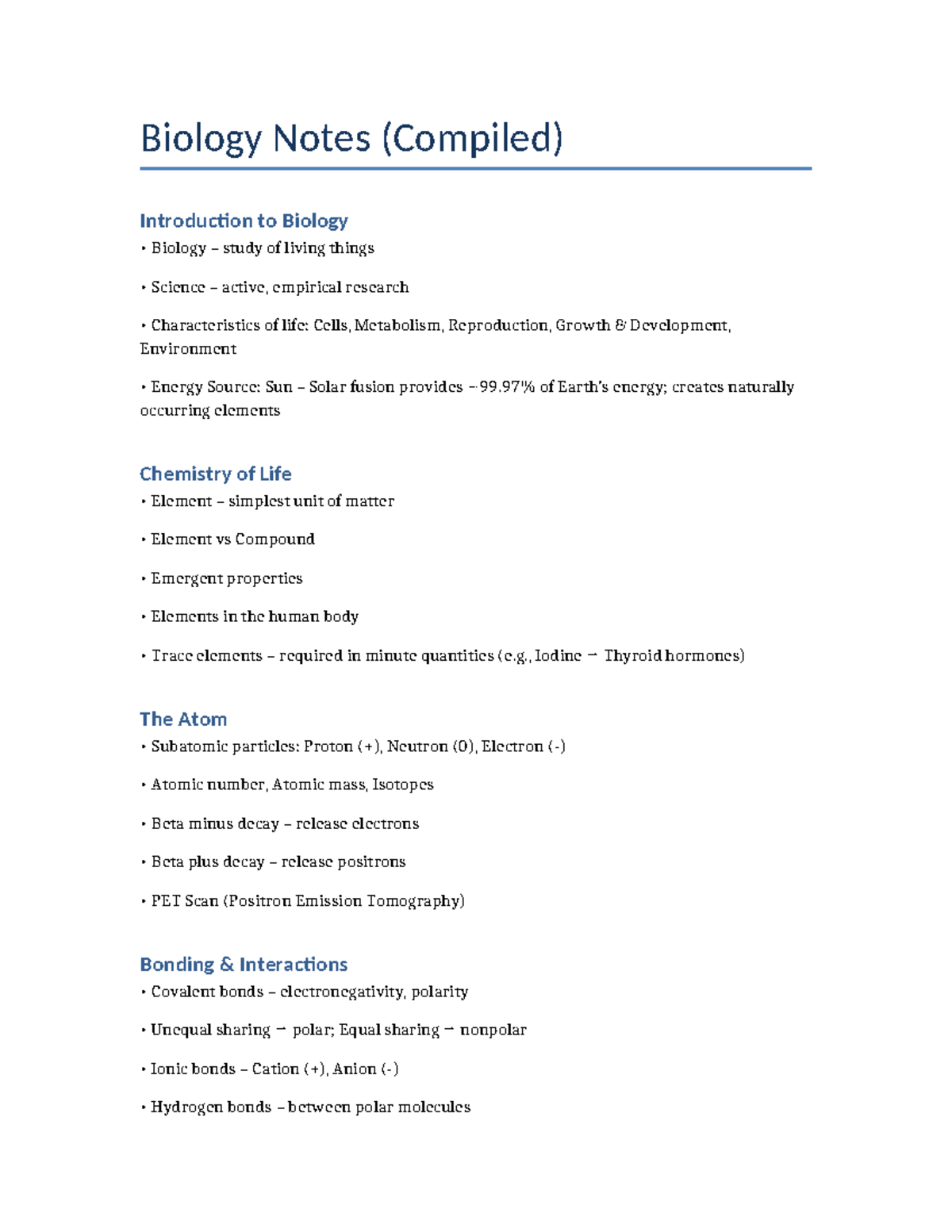 Biology Notes Compilation: Key Concepts and Structures (BIO101) - Studocu