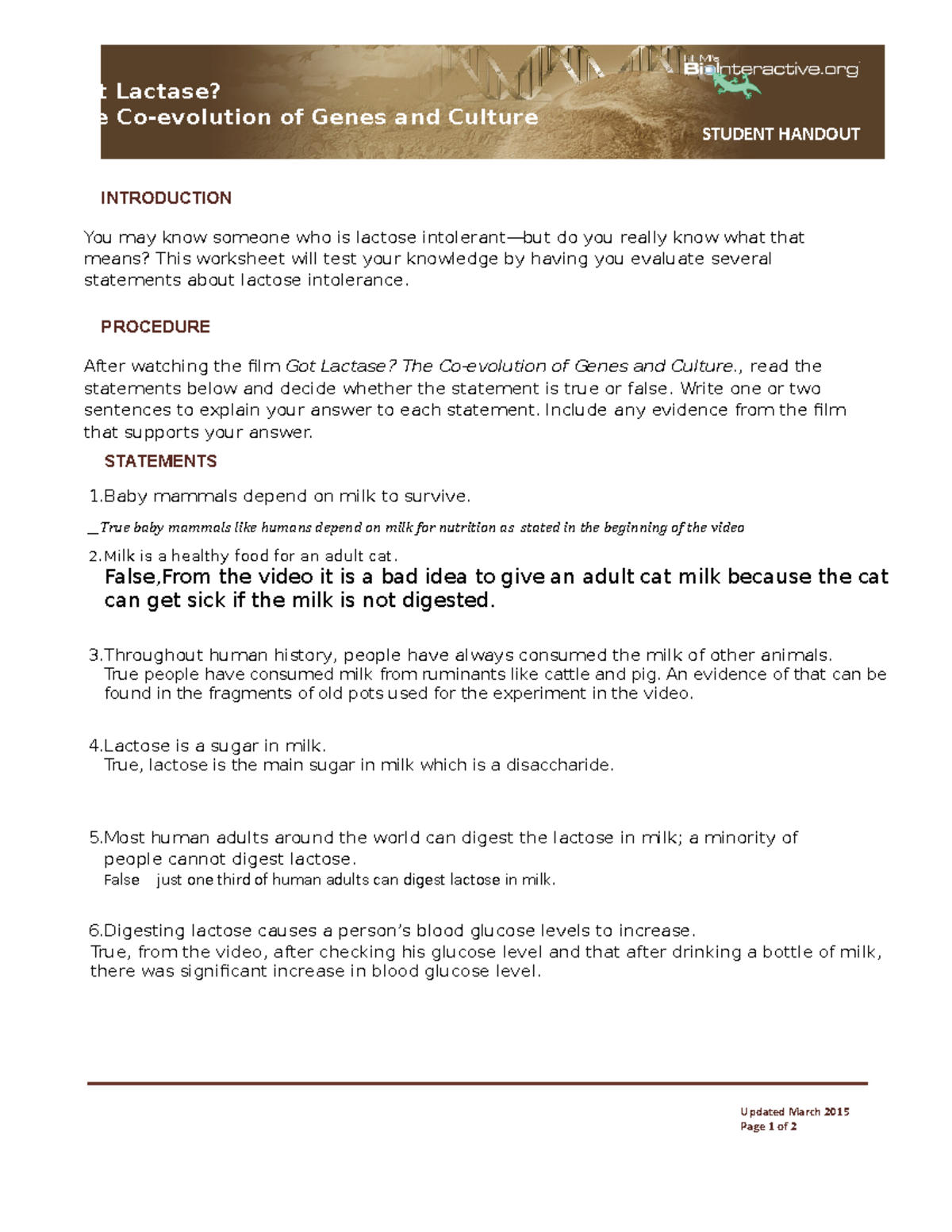 Lab6-Lactase Worksheet: Understanding Lactose Intolerance and Genetics ...