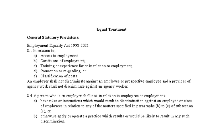 Equal Treatment - Employment Equality Act Lecture Notes (EEA 8.1) - Studocu