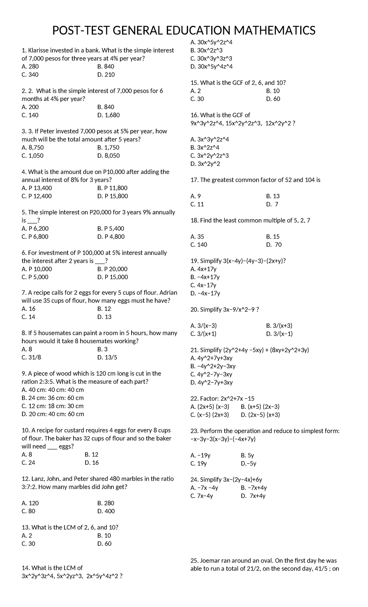 Pre-Post-Test: General Education Mathematics 1 - Studocu