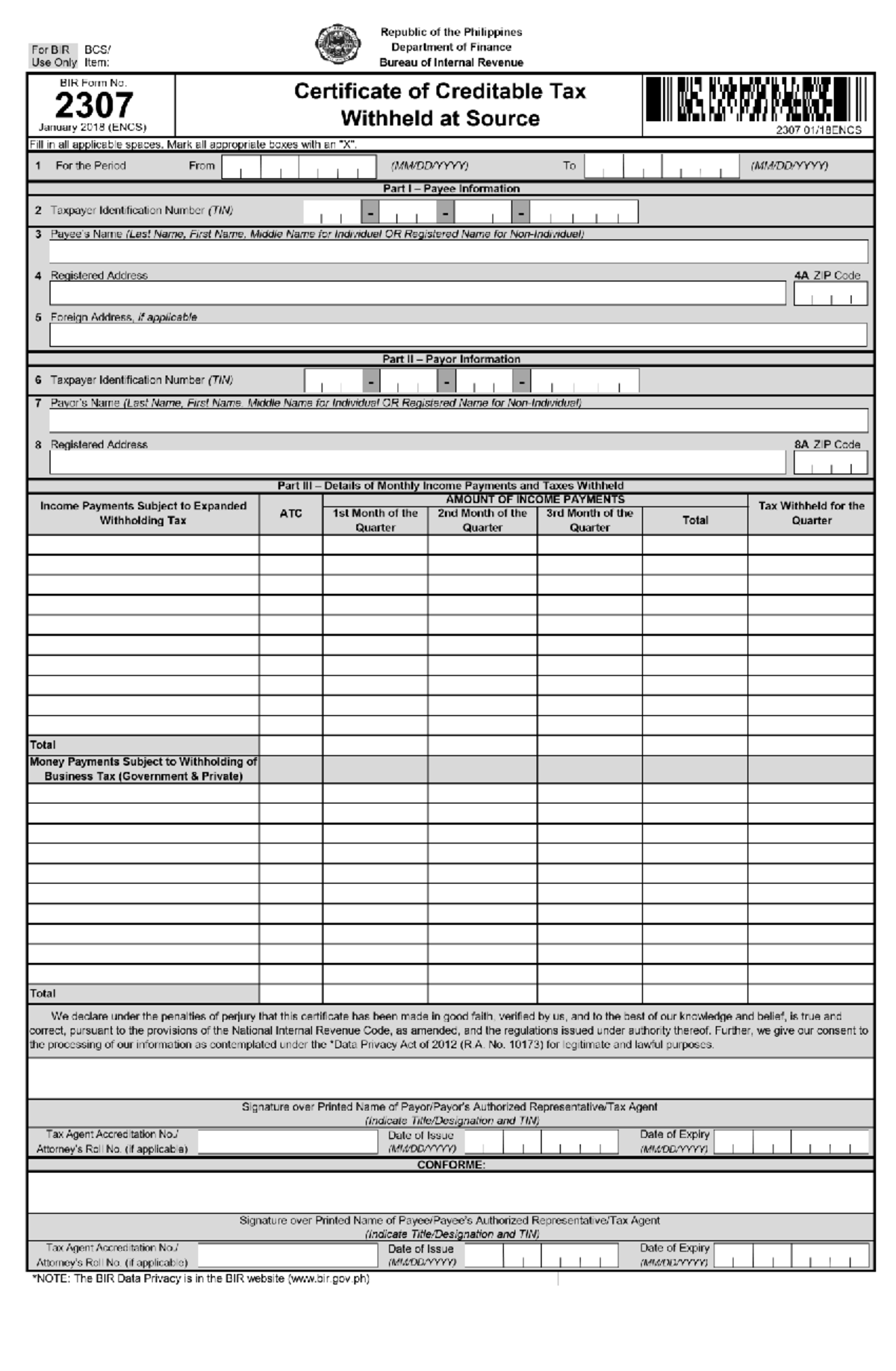 BIR-FORM-2307: Schedules of Alphanumeric Tax Codes for Income Payments - Studocu