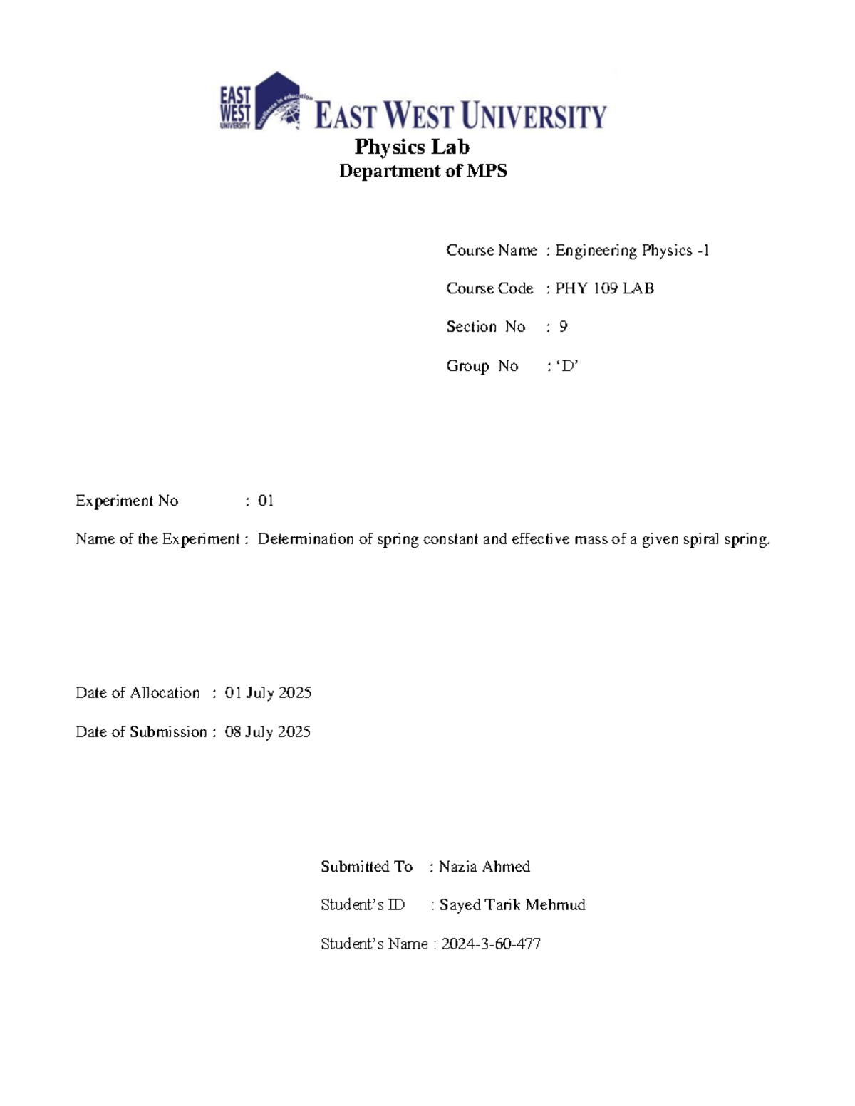 PHY 109 LAB: Determining Spring Constant & Effective Mass - Studocu