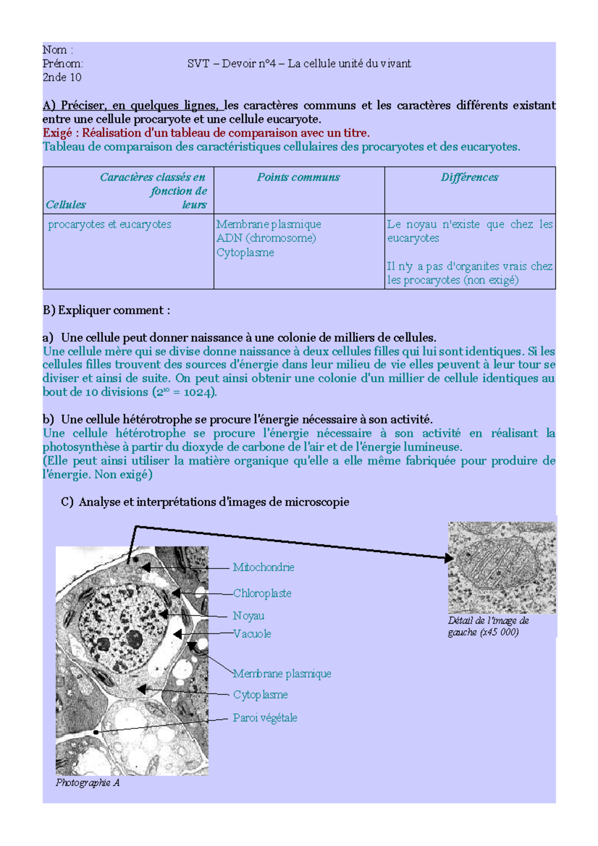 Devoir 2nde 10 SVT : La Cellule, Unité du Vivant - Comparaison et ...