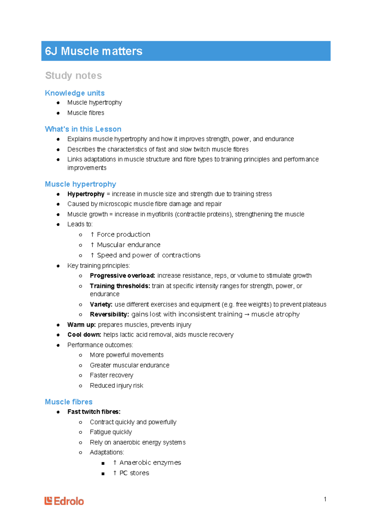 6J Muscle Matters - Lesson Notes on Hypertrophy & Fibre Types - Studocu