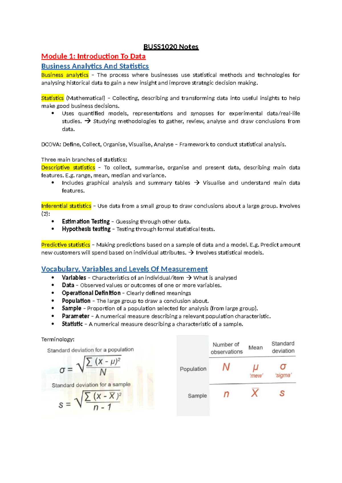 BUSS1020 Notes: Intro to Data Analytics & Statistics - Module 1 - Studocu